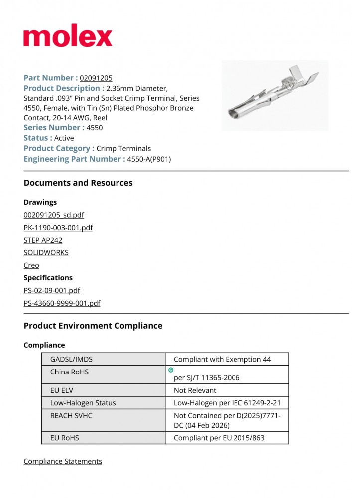 Molex .093 Standard Pin Terminals specification page 1