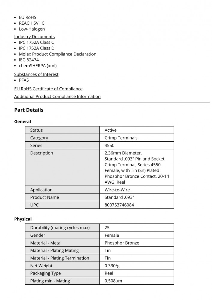 Molex .093 Standard Pin Terminals specification page 2