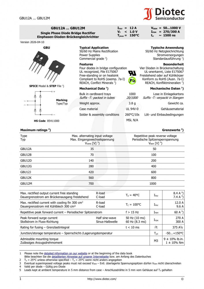 GBU12M-T product document page 1