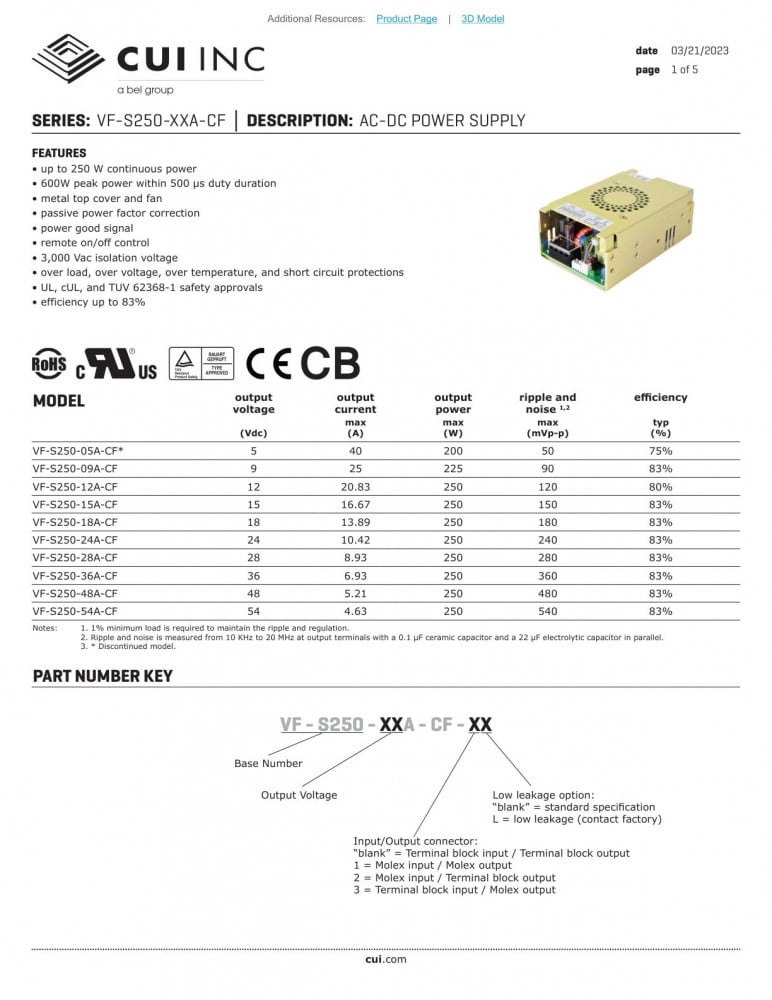 CUI VF-S250-48A-CF datasheet page 1