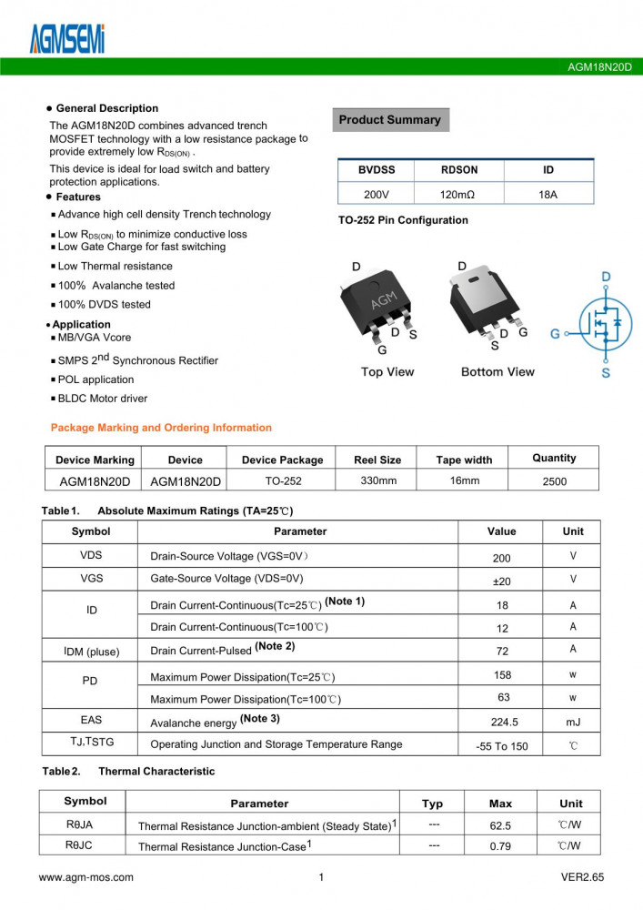 AGM18N20D technical document page 1