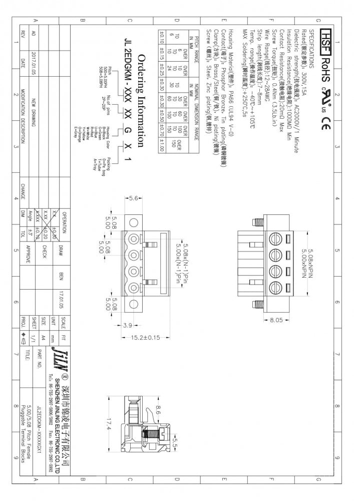 JILN JL2EDGKM terminal block technical drawing
