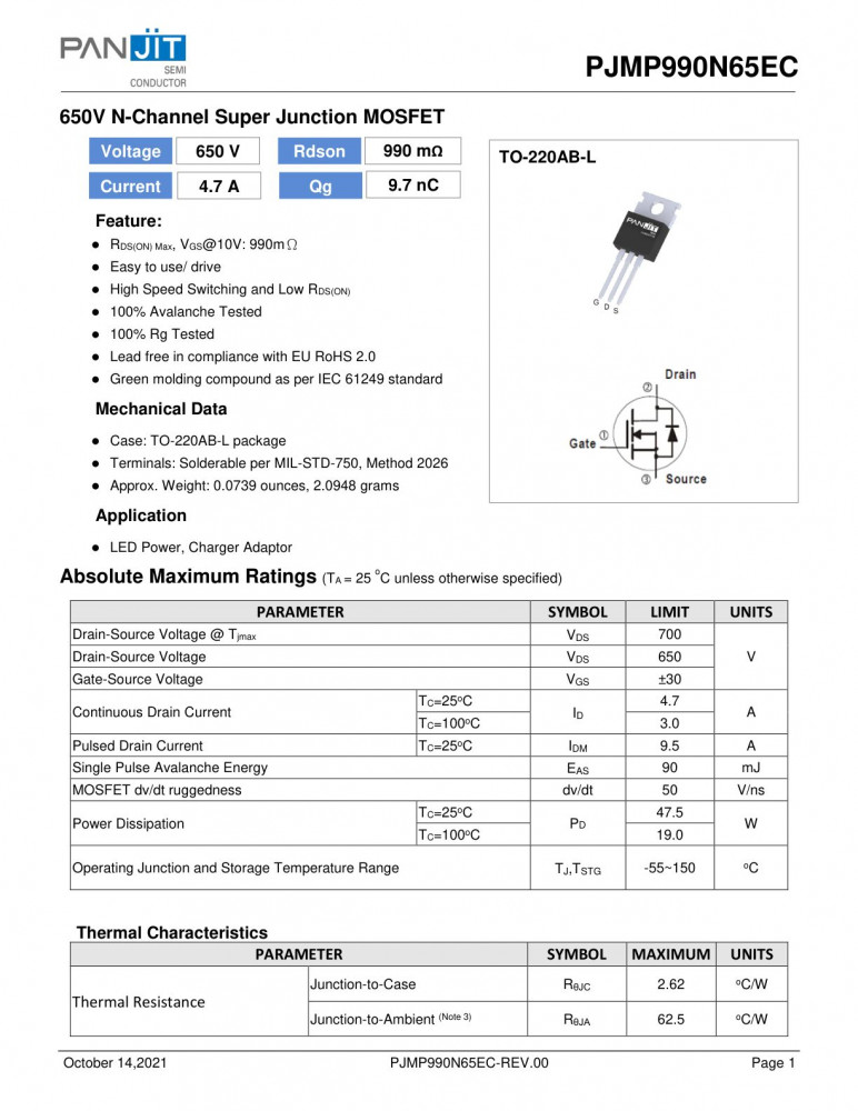 PJMP990N65EC datasheet page 1