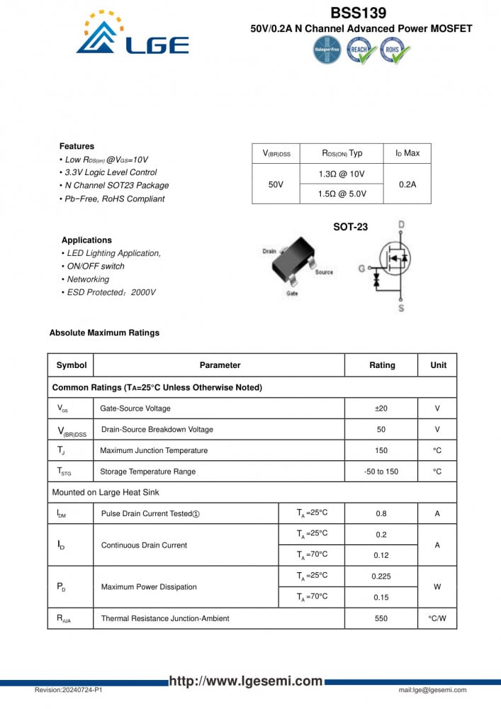 LGE BSS139 datasheet page 1