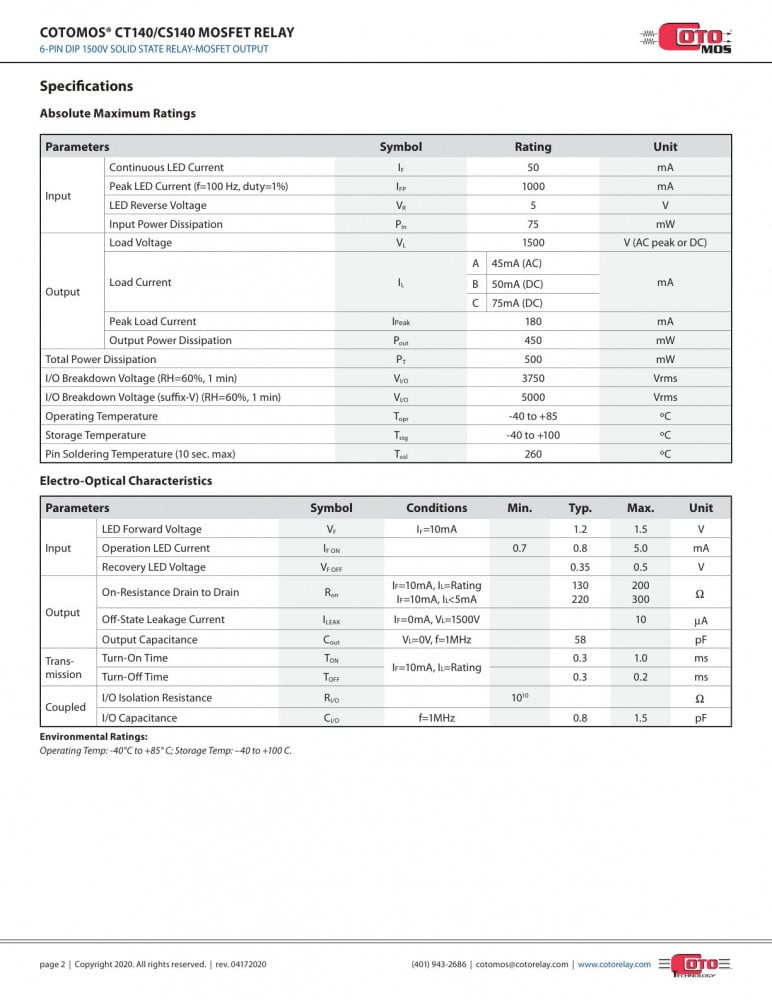 COTO CS140 datasheet page 2
