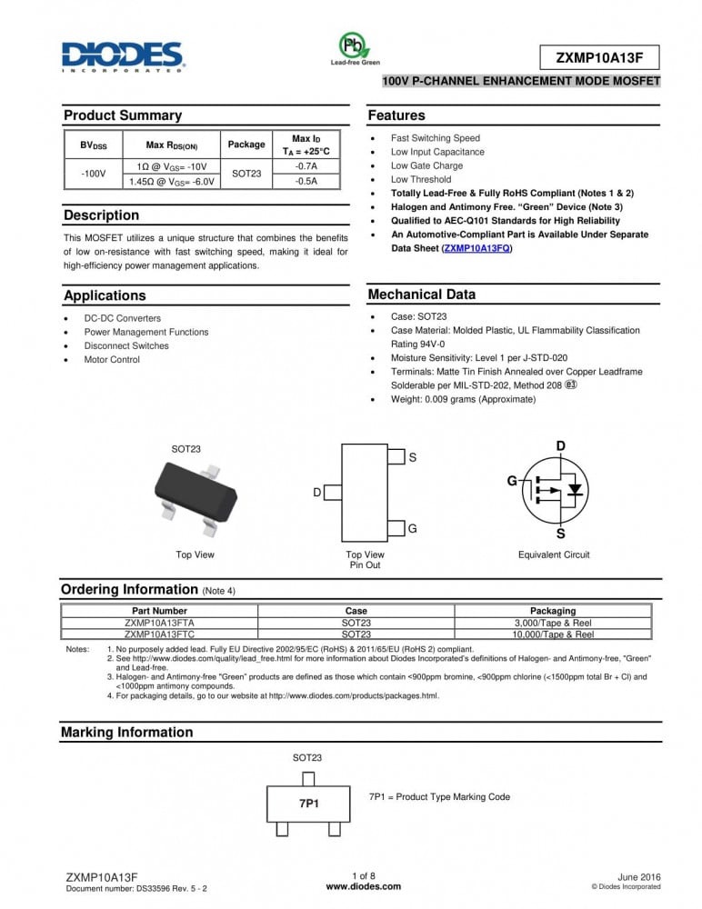 ZXMP10A13FTA datasheet page 1