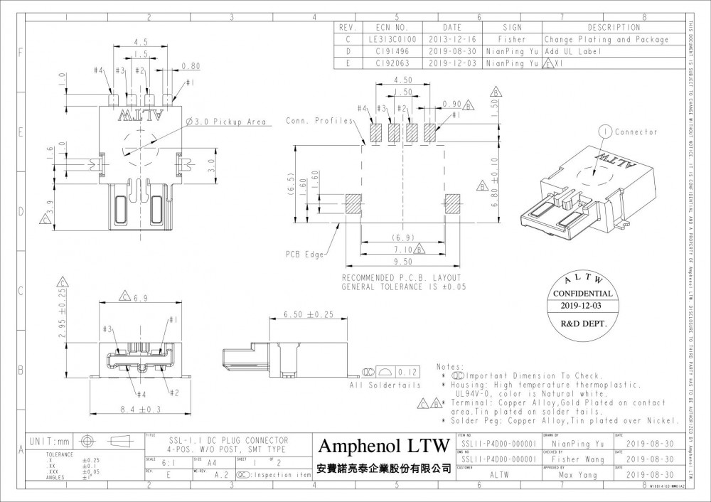 Amphenol SSL11-P4D00-000001 technical drawing page 1