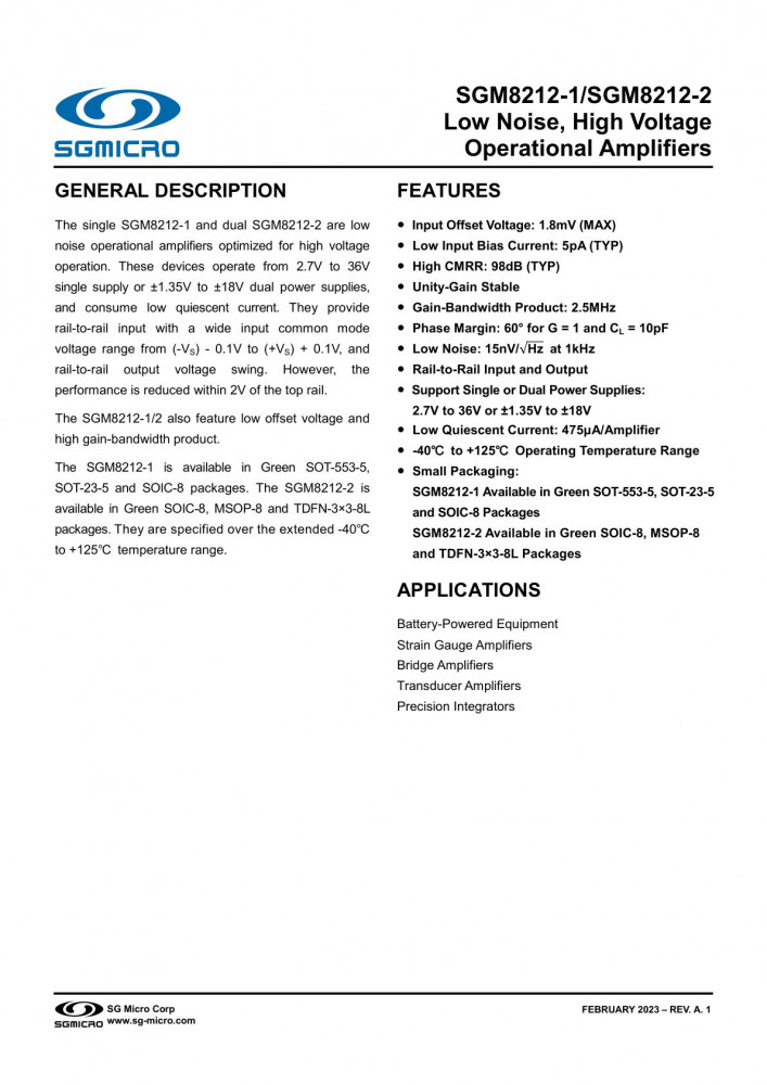 SGM8212-1 datasheet page 1
