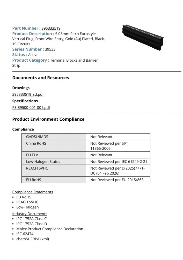 MOLEX ESE Eurostyle terminal block product specification, page 1