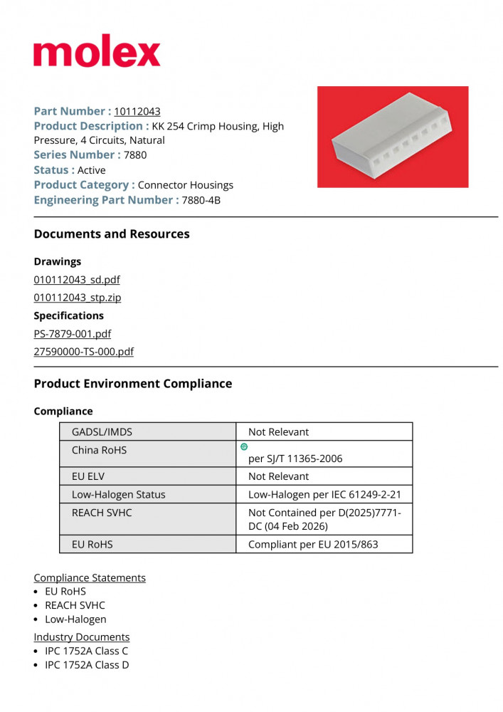 Molex .100 Center KK Connectors specification, page 1