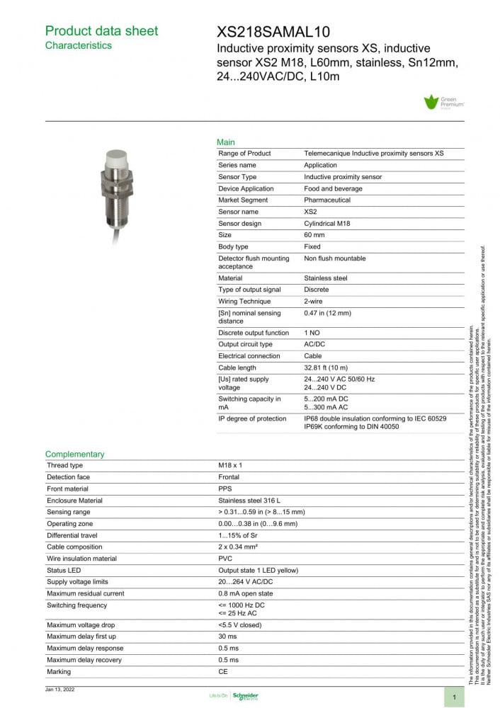 XS218SAMAL10 technical document page 1