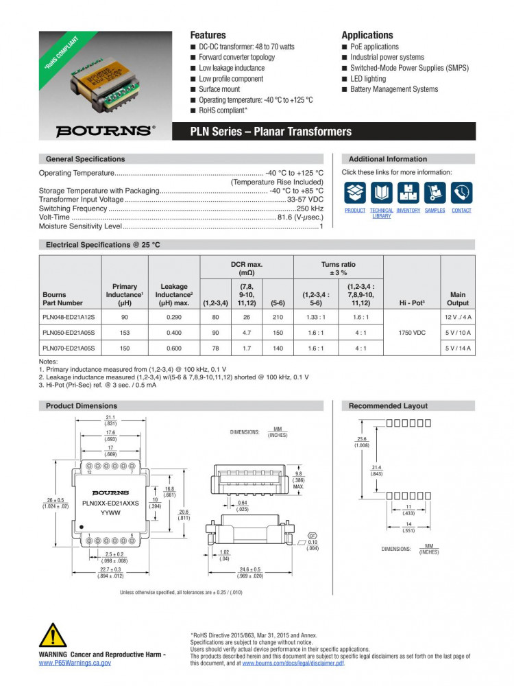 PLN Series planar transformer datasheet page 1