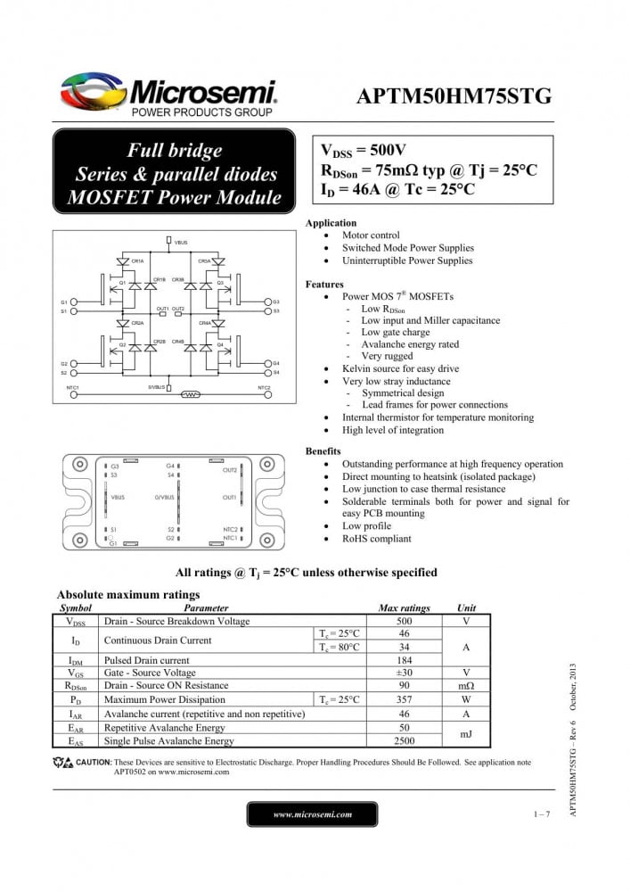 APTM50HM75STG datasheet page 1