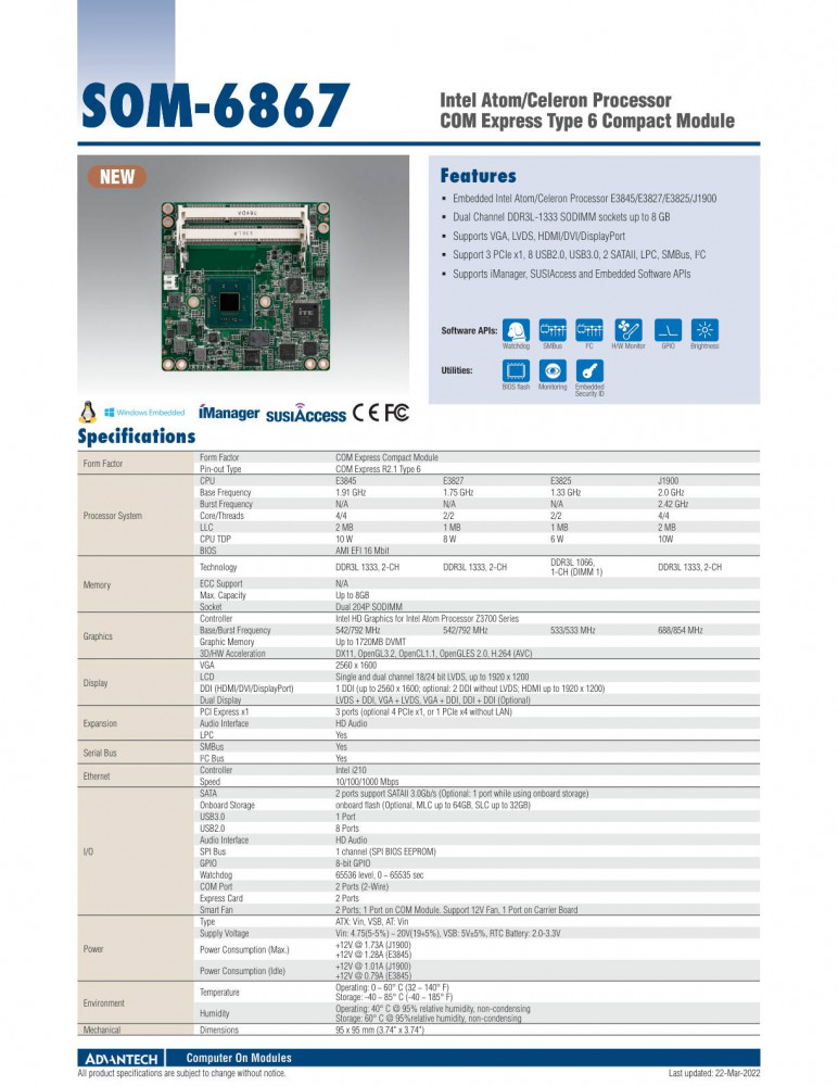 ADVANTECH SOM-6867 datasheet page 1