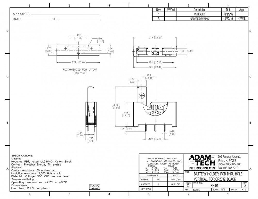 ADAM TECH BH-91-1 technical drawing and recommended PCB layout