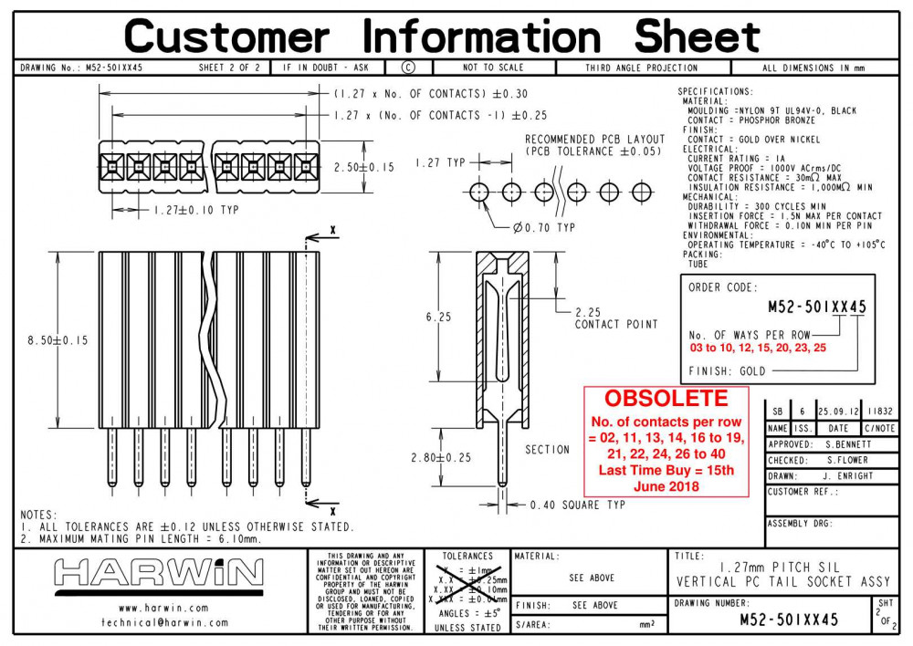 Harwin M52-5010445 customer information sheet