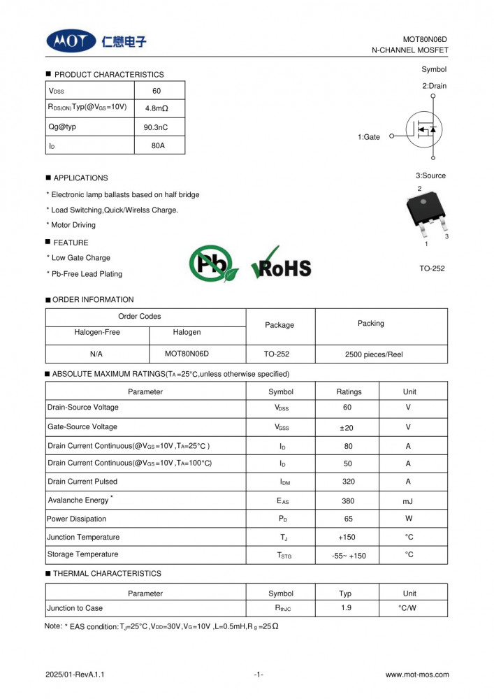 MOT80N06D datasheet page 1