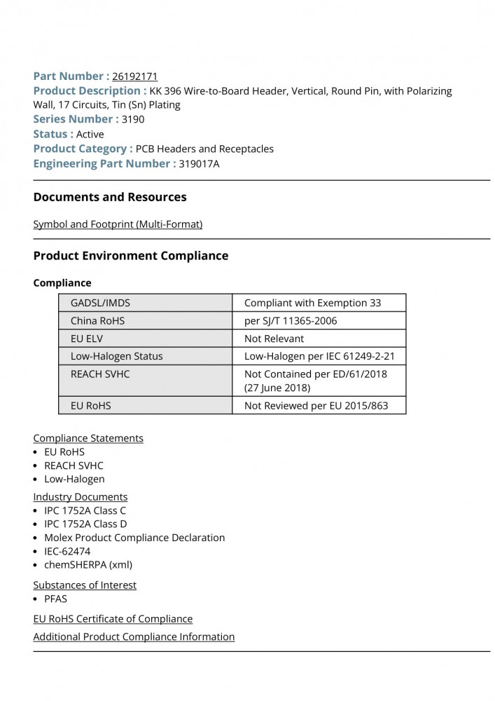 MOLEX 26192171 technical document image, page 1