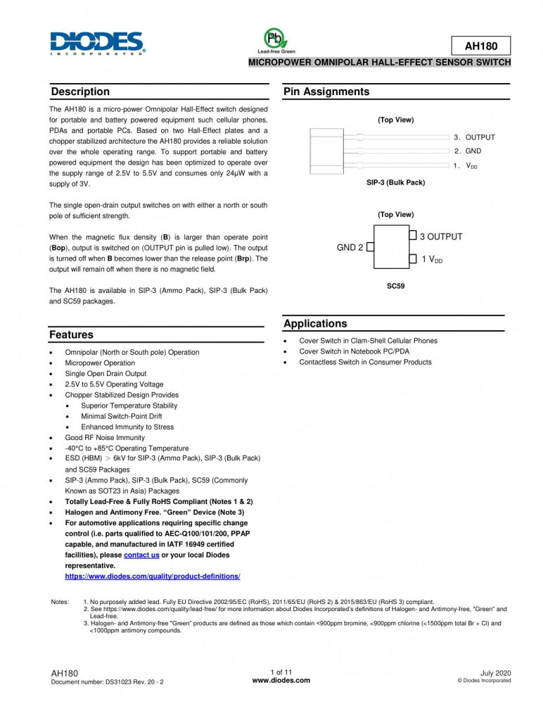 AH180 datasheet page 1