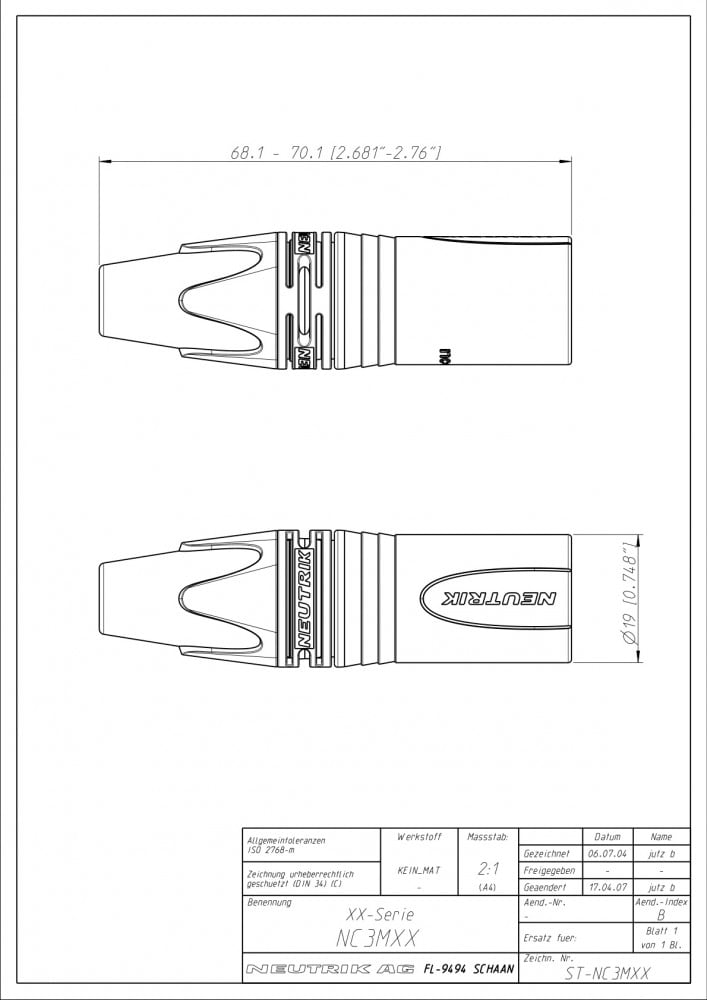 Neutrik NC3MXX technical drawing