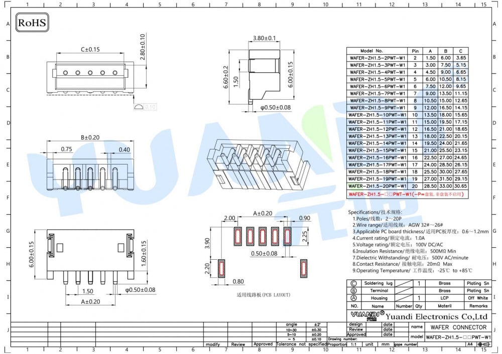 Yuandi WAFER-ZH1.5 connector technical drawing page 1