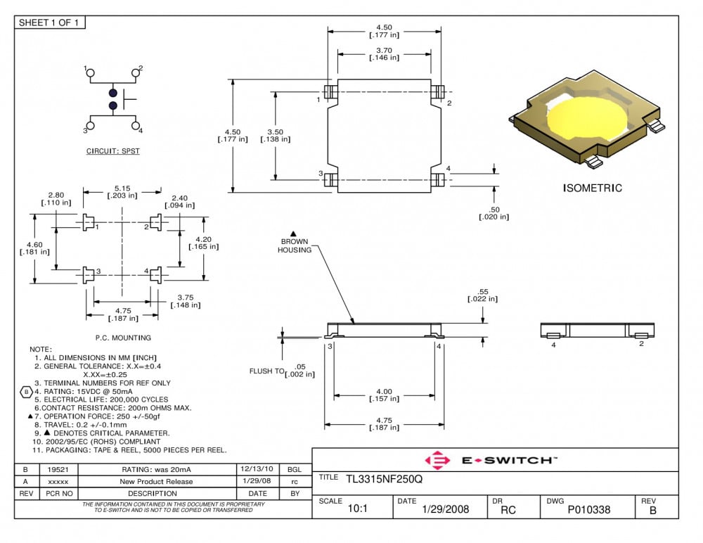 E-Switch TL3315NF250Q technical drawing