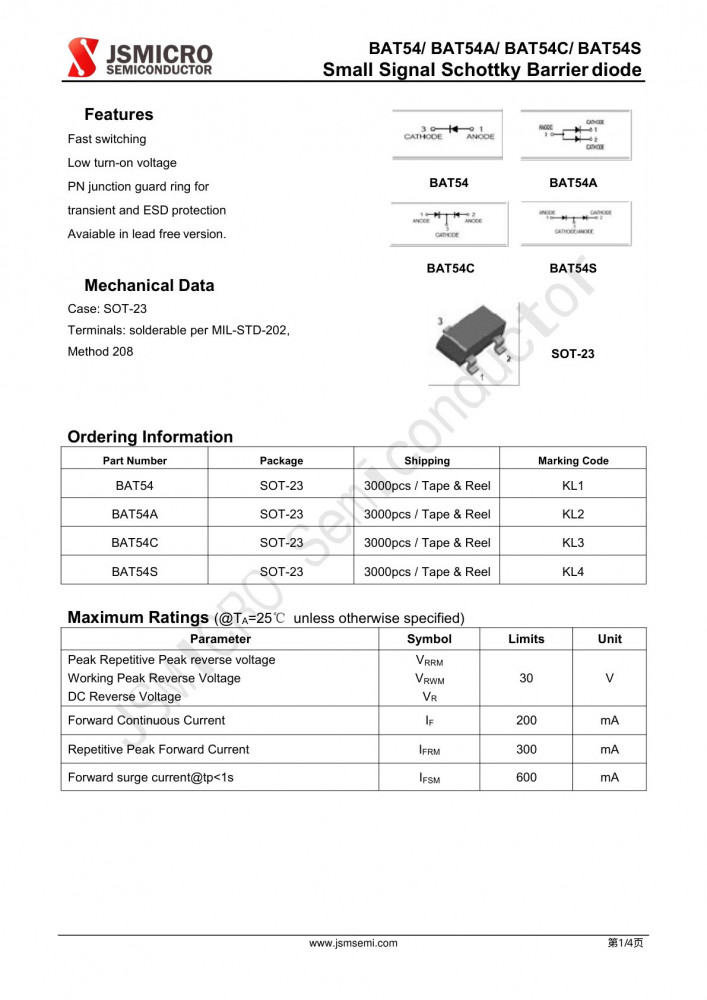 BAT54A datasheet page 1