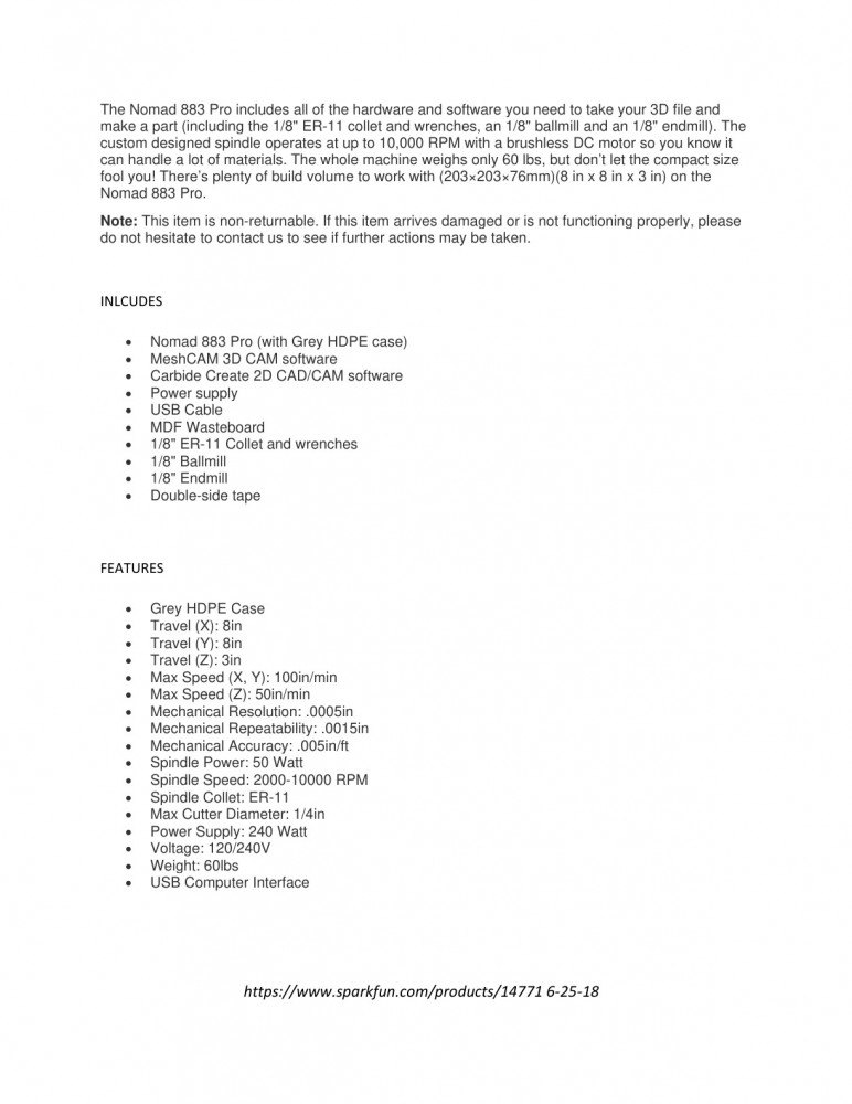 Technical document image 2 for Nomad 883 Pro TOL-14771