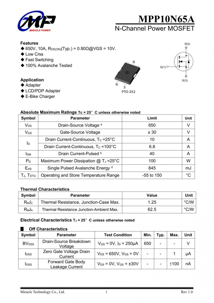 MPP10N65A datasheet page 1