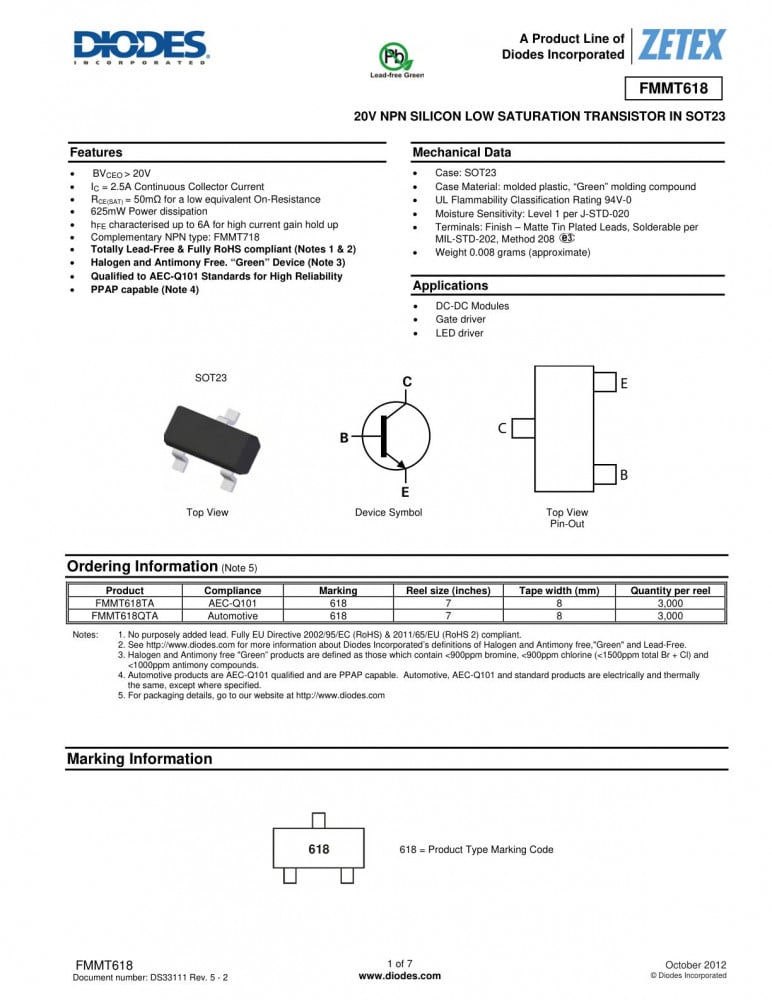 FMMT618QTA datasheet page 1