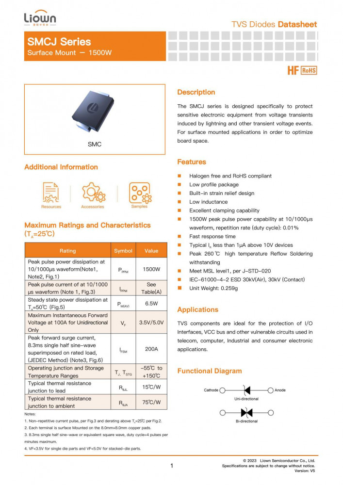 Liown SMCJ series datasheet page 1