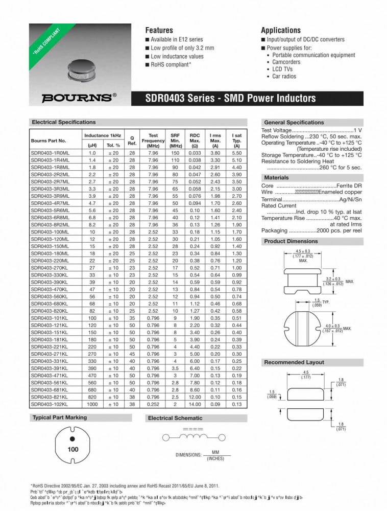 Bourns SDR0403 series datasheet page 1
