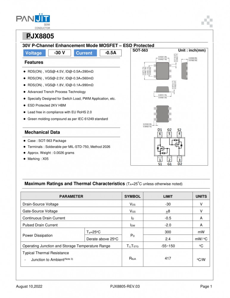 PJX8805 datasheet page 1