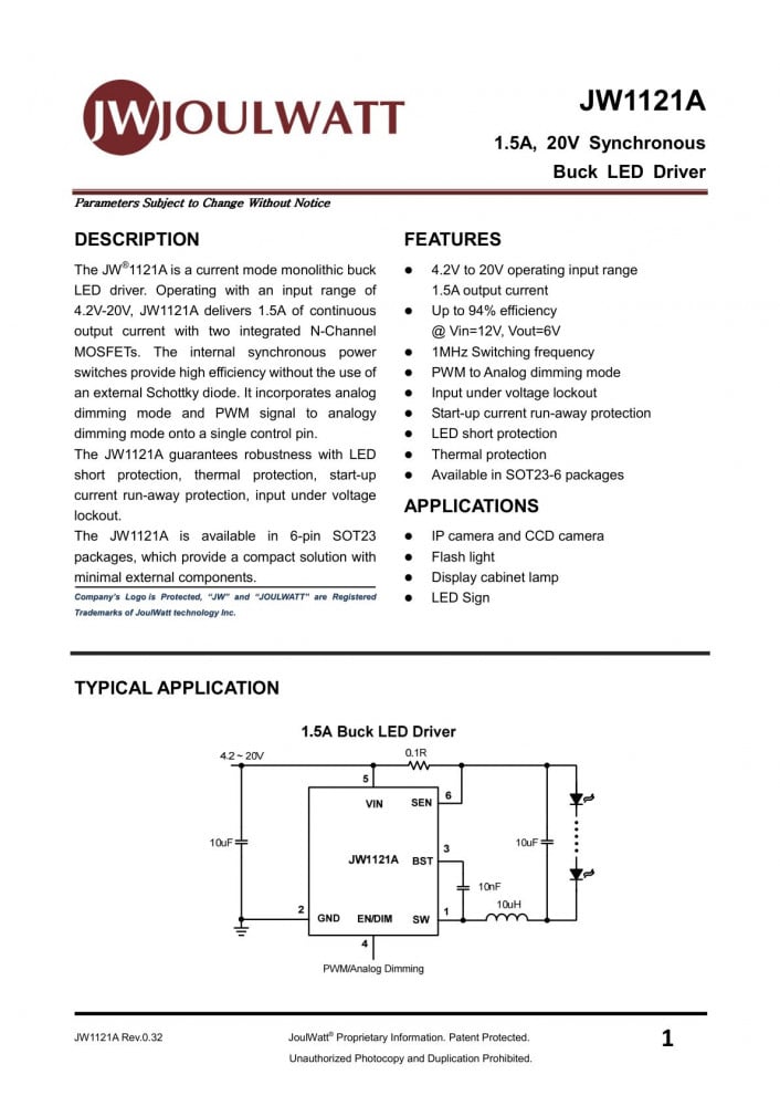 JW1121A datasheet page 1