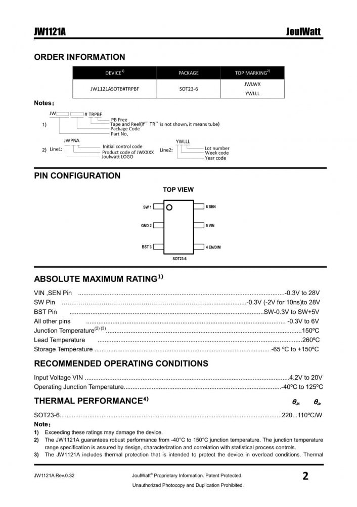 JW1121A datasheet page 2