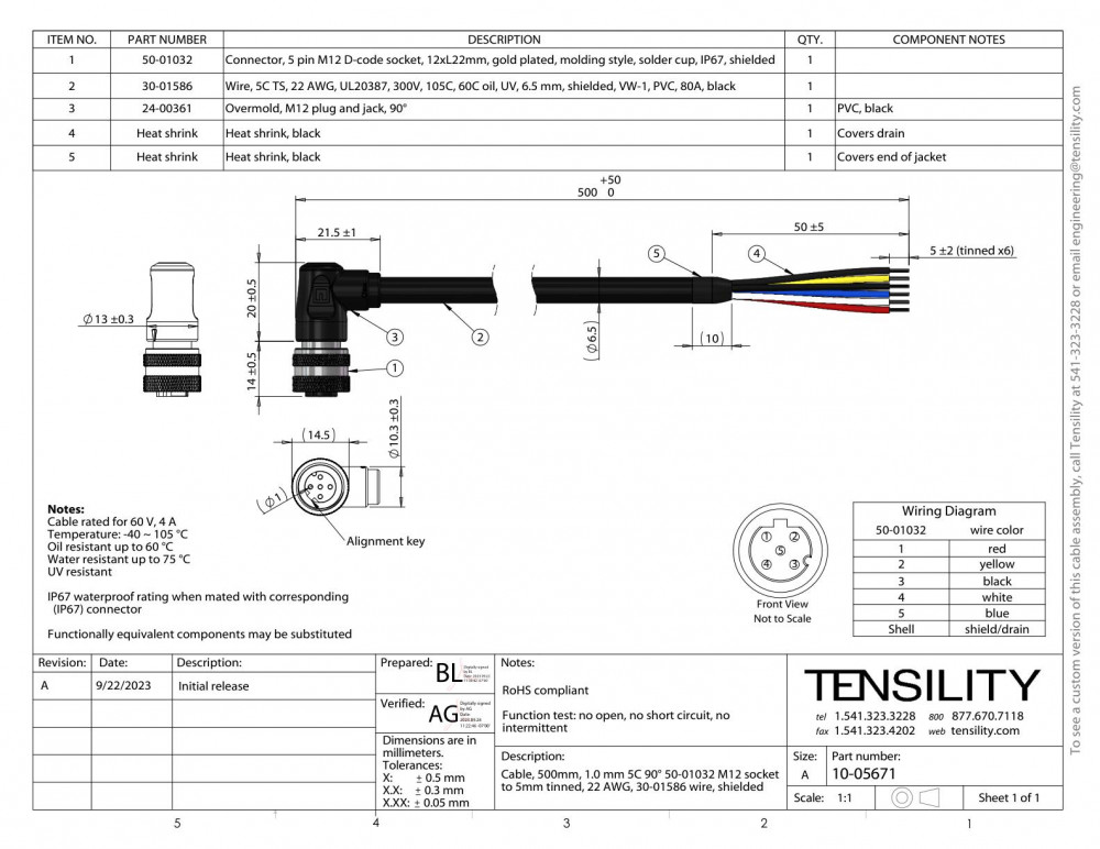 Technical drawing for Tensility International 10-05671 cable assembly