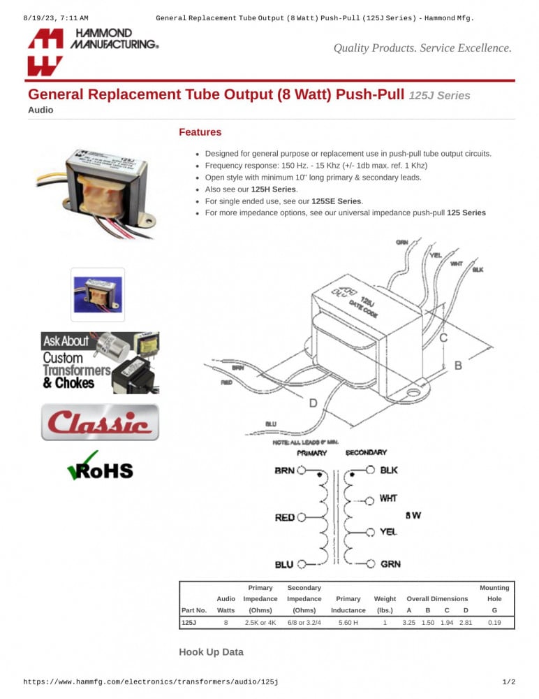 Hammond 125J technical document page 1