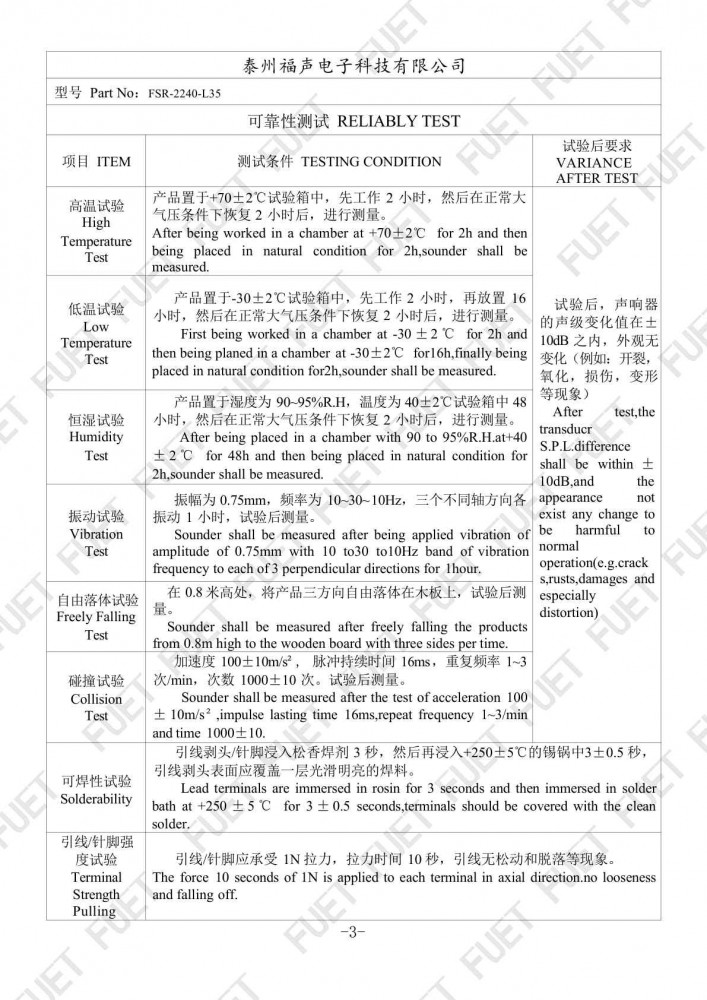 FSR-2240-L35 reliability test page