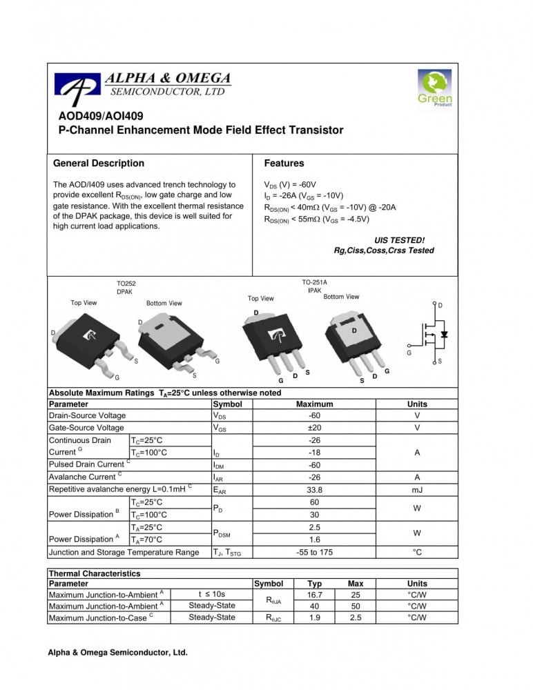 AOD409 datasheet page 1