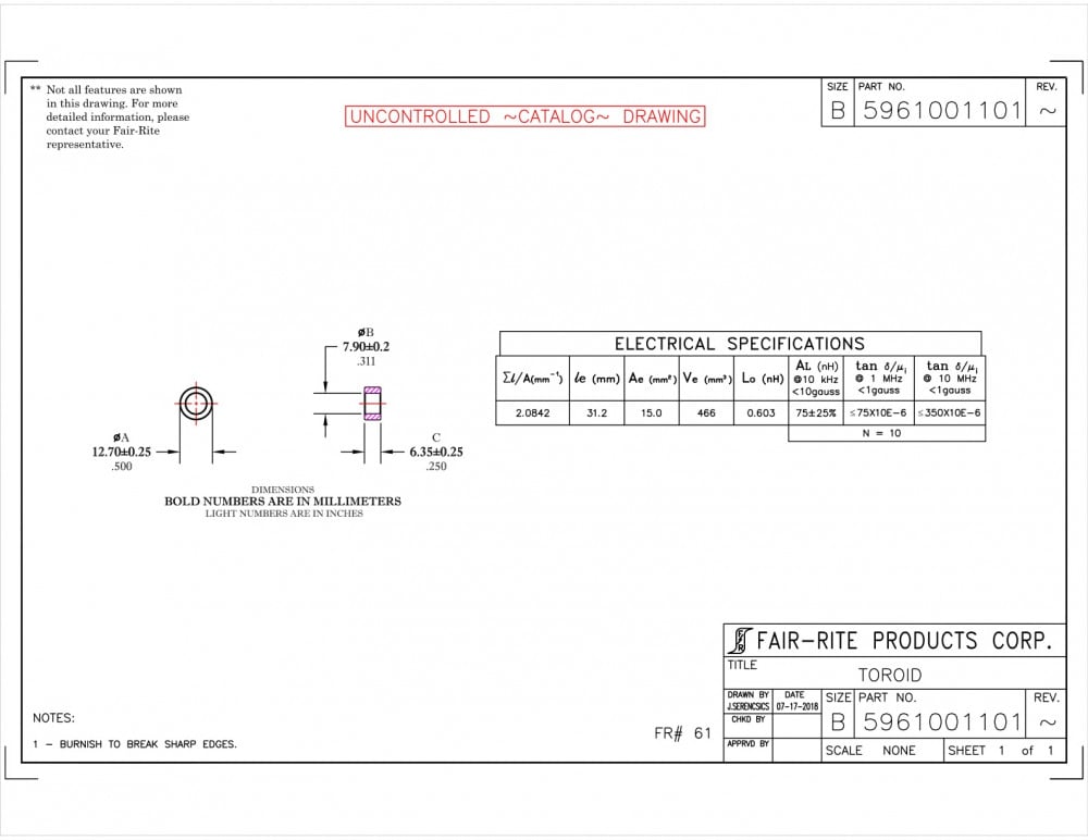 Fair-Rite 5961001101 technical document preview