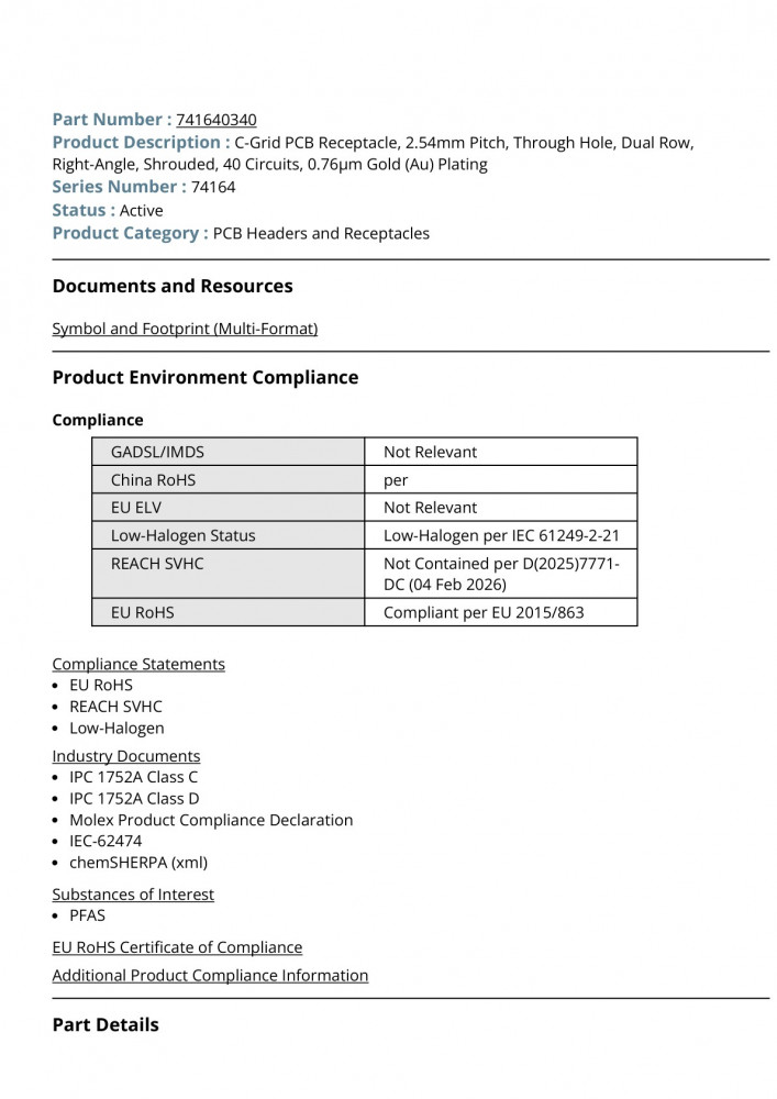 MOLEX 741640340 technical document page 1