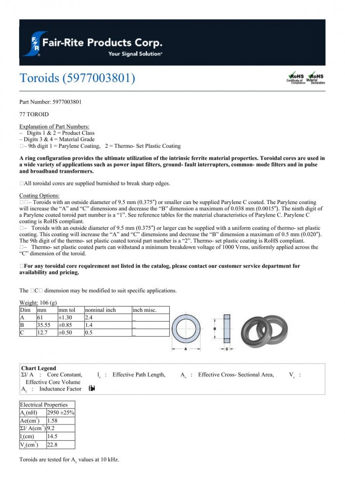 Fair-Rite 5977003801 technical drawing and product data page 1