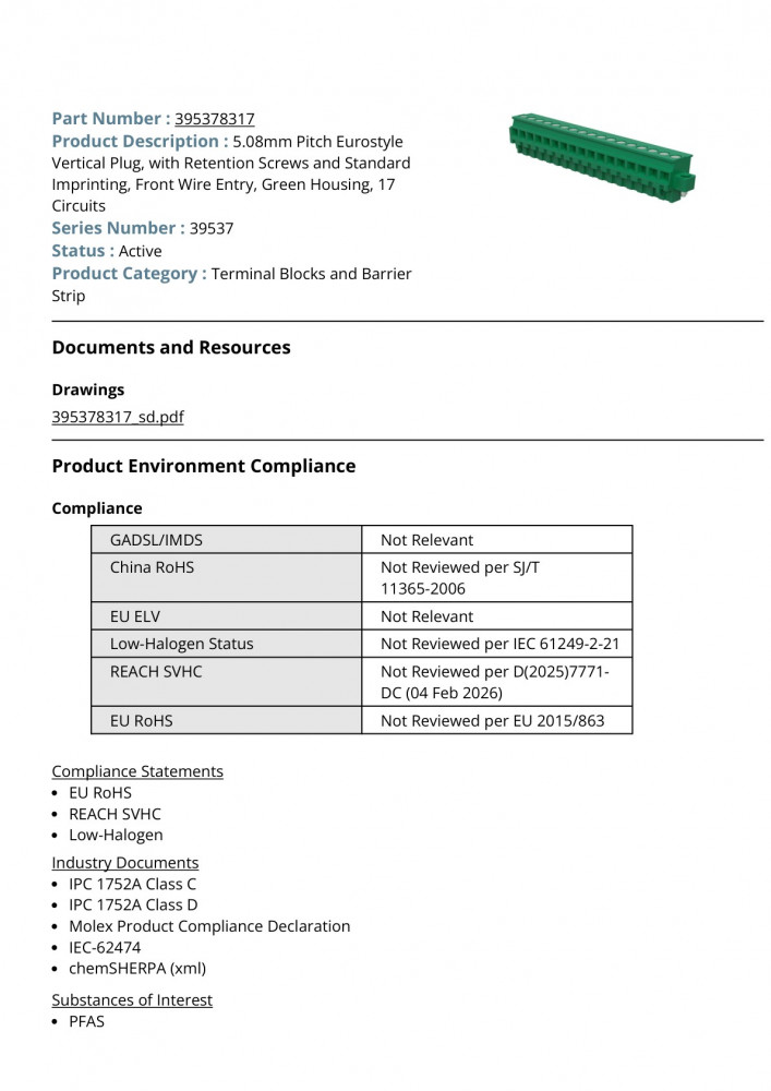 MOLEX series 39537 terminal block technical drawing, page 1