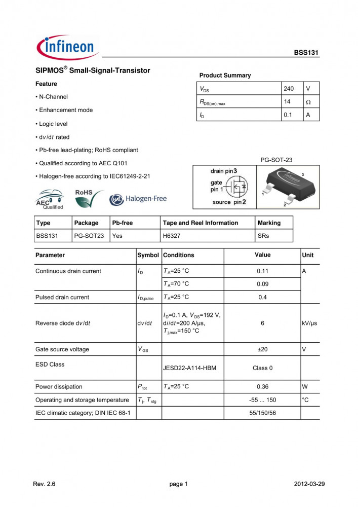 BSS131H6327 datasheet page 1