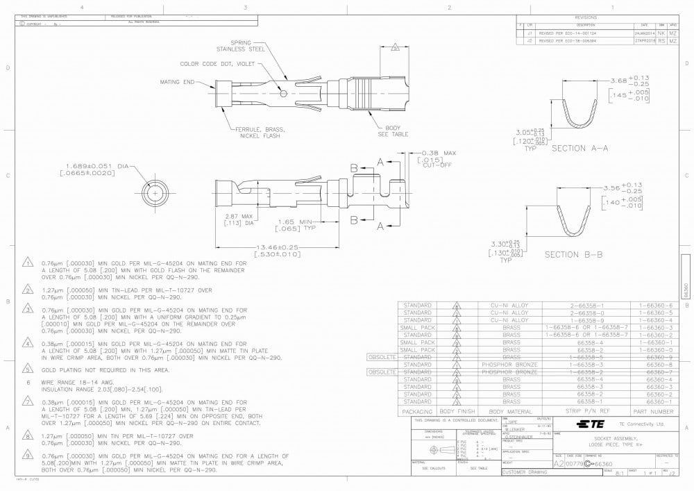 TE Connectivity 1-66360-4 Type III+ socket assembly drawing preview
