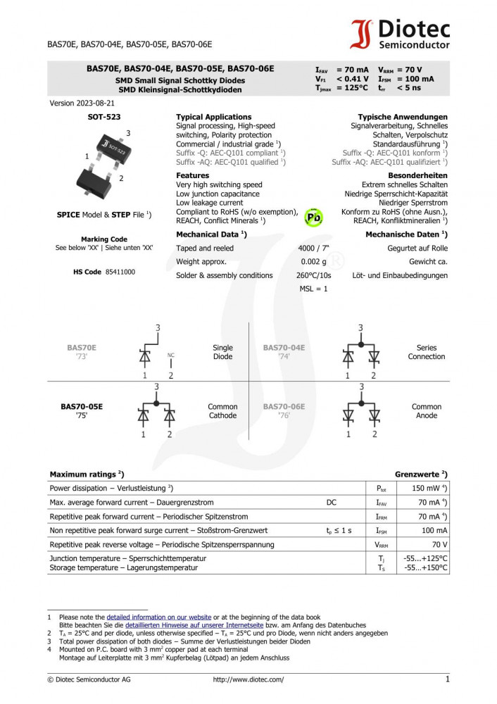 BAS70 family datasheet page 1