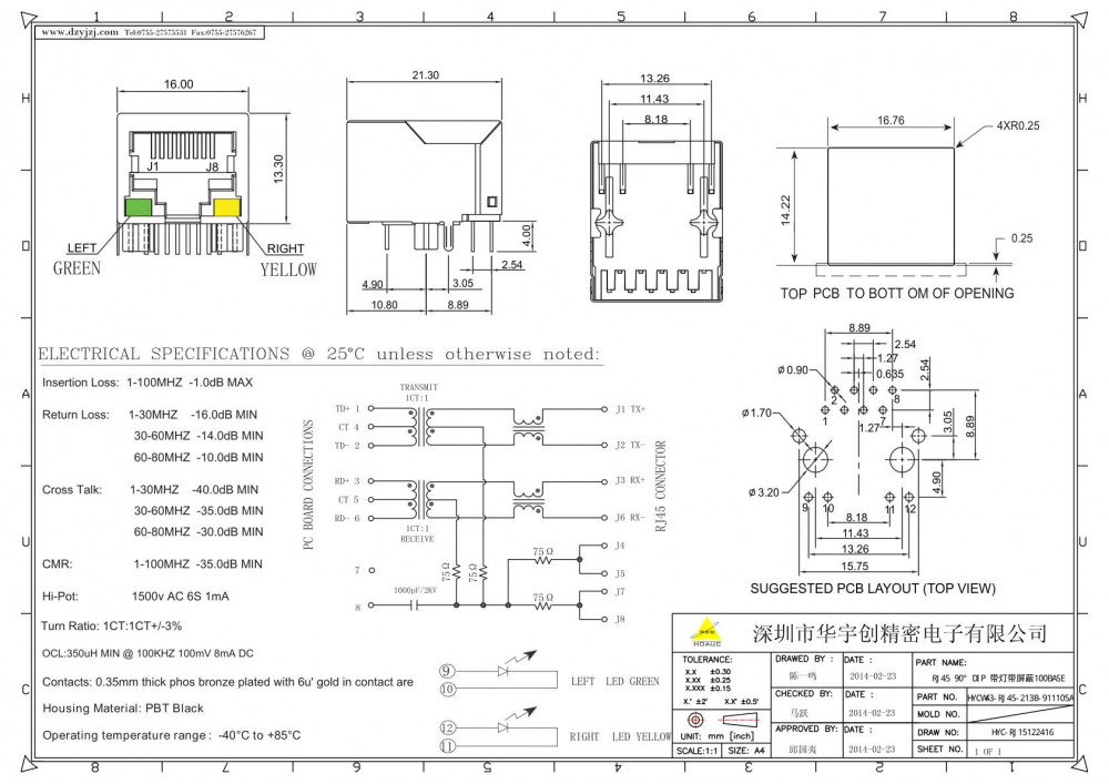 HOAUC HYCW43-RJ45-213B-911105A technical drawing