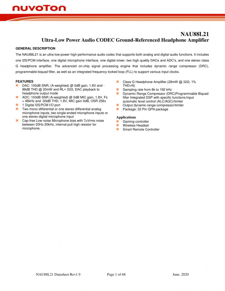 NAU88L21 datasheet page 1