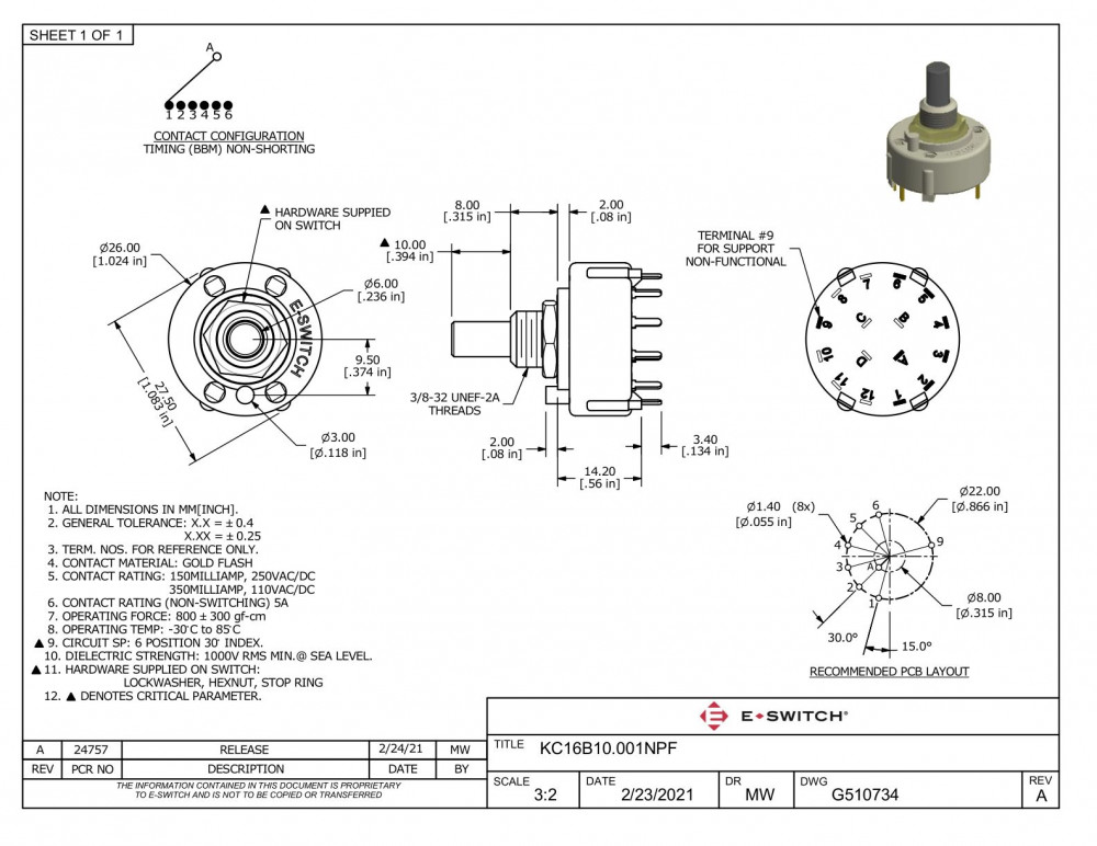 E-Switch KC16B10.001NPF technical drawing page