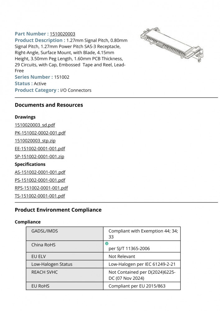 MOLEX SAS receptacle product specification page 1